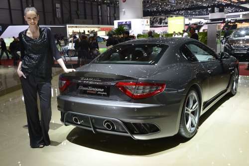 Model shows rear view of Maserati GranTurismo MC Stradale on Geneva ...